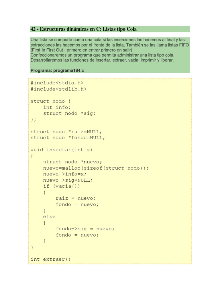 Implementación de colas dinámicas en C | PDF | Cola (tipo de datos ...