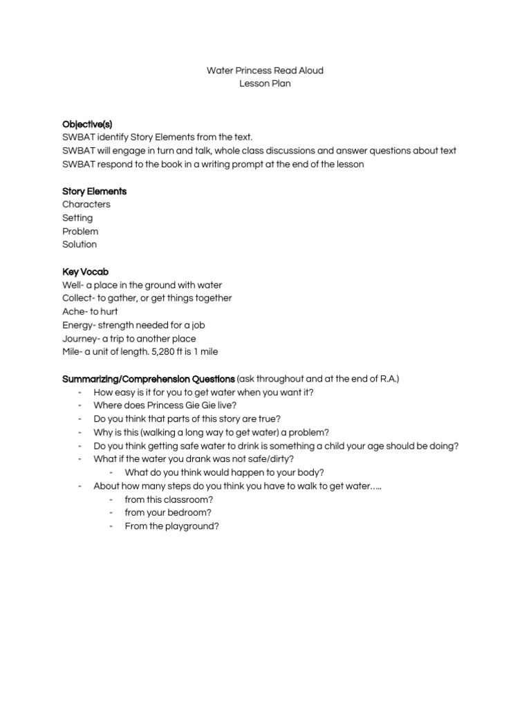 Water Princess Lesson Plan Overview | PDF