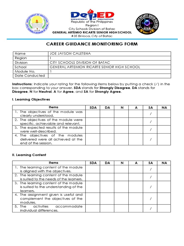 Career Guidance Monitoring Form | Learning | Change