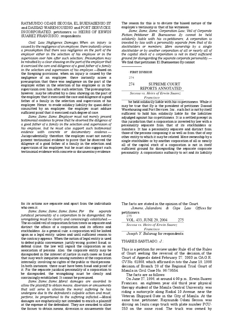 Secosa vs. Heirs of Erwin Suarez Francisco | PDF | Negligence ...