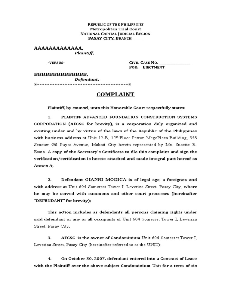 Ejectment Complaint | PDF | Lease | Lawsuit