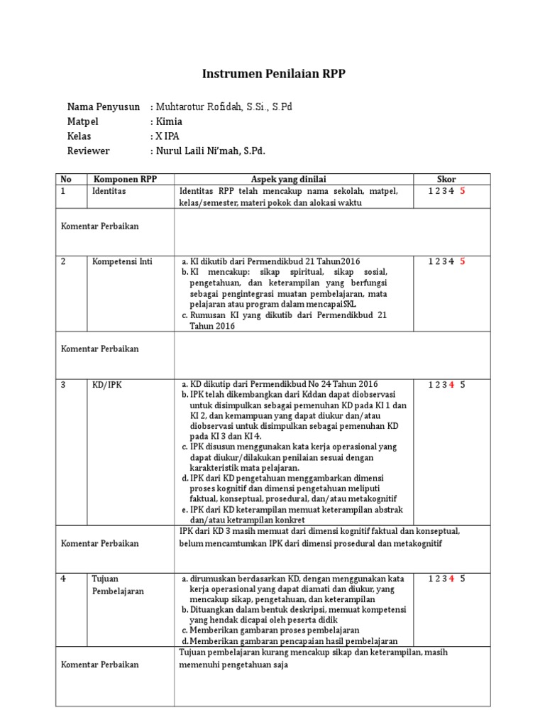 Instrumen Penilaian RPP K13 Revisi Bu Fida | PDF