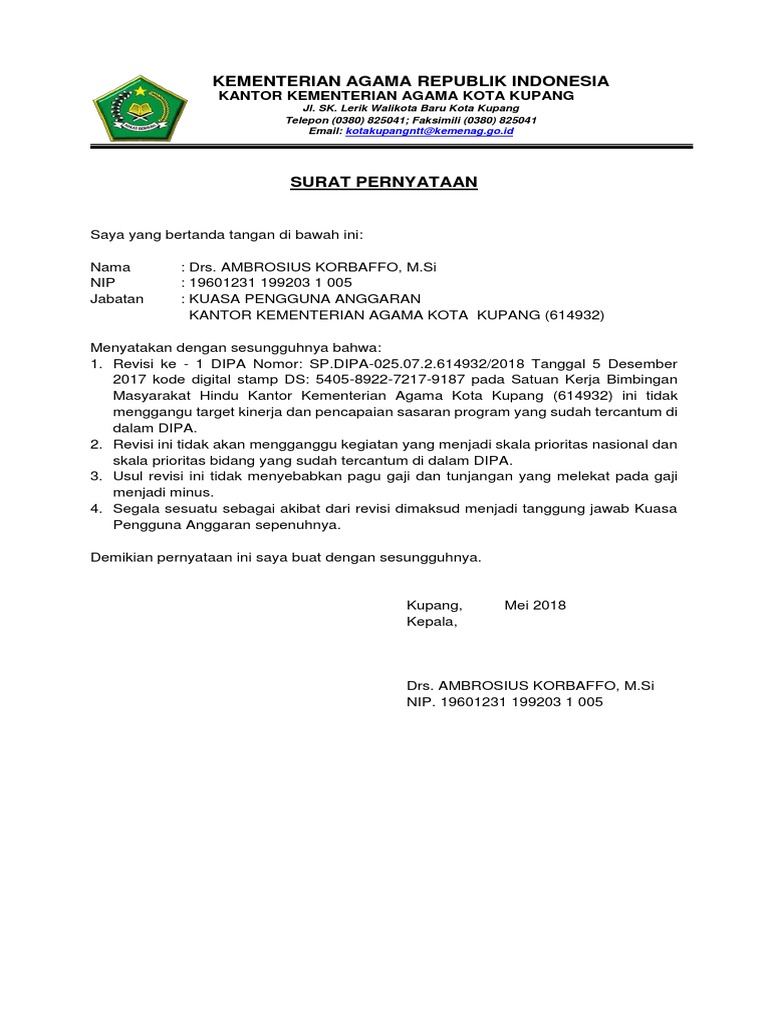 Surat Pernyataan Kpa TDK Menyebabkan Pagu Minus | PDF