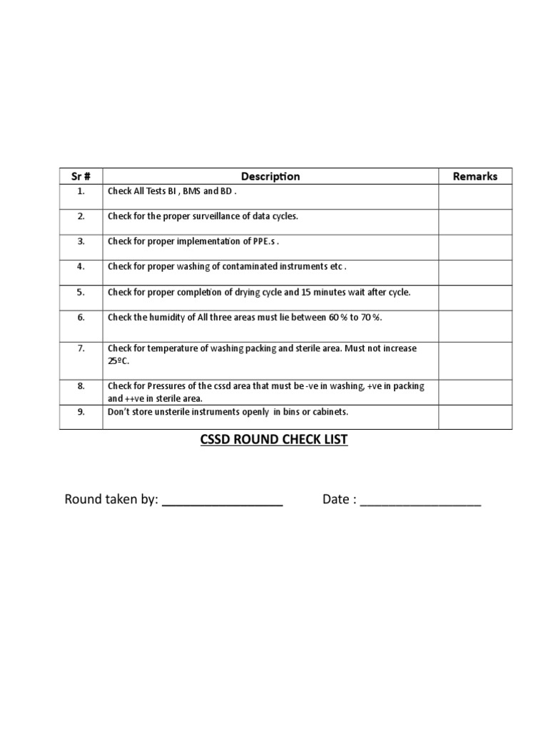 CSSD Daily Round Check List | PDF