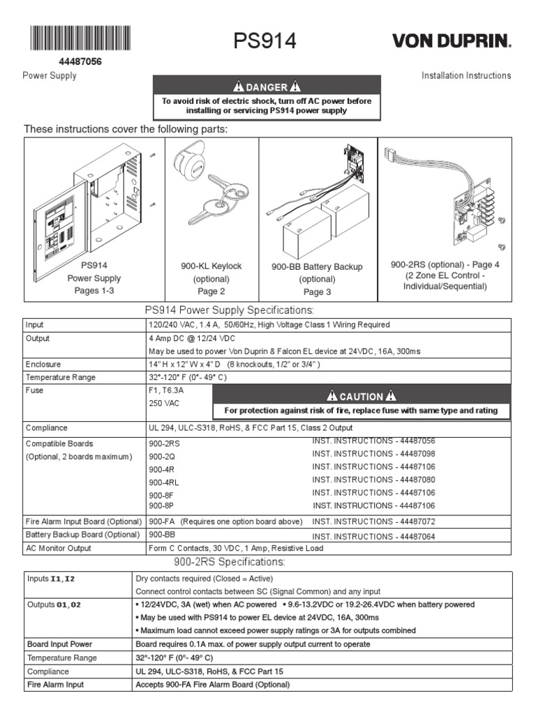 Von Duprin PS914 Power Supply Installation Instructions 106443 | PDF ...