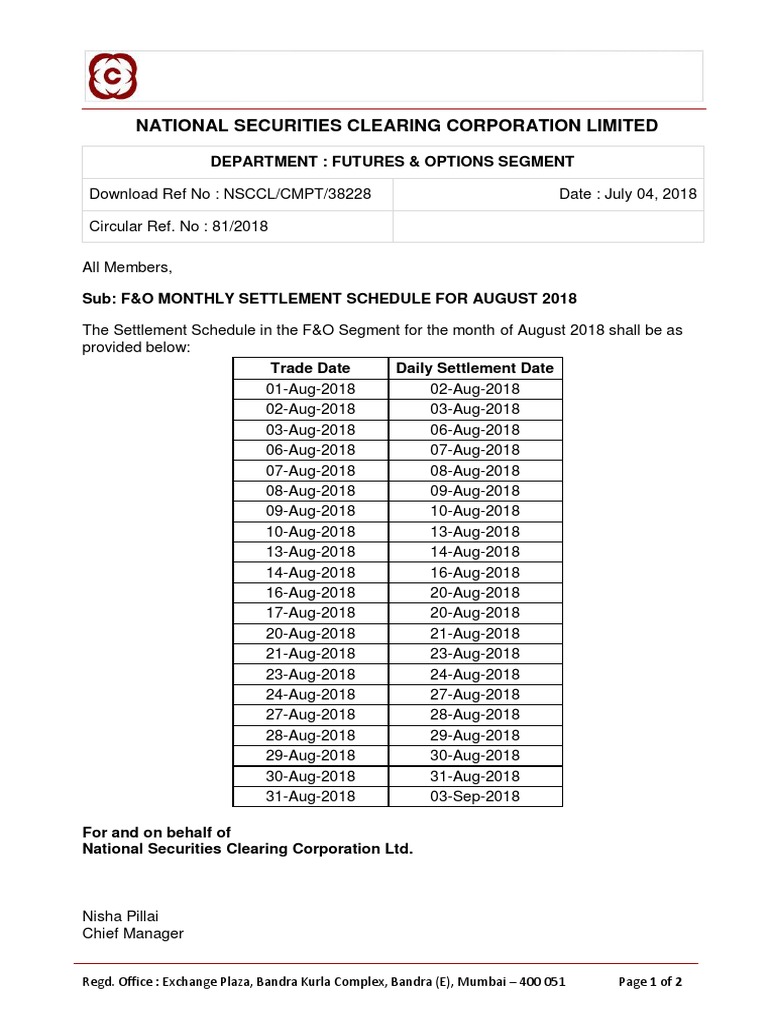 F&O Settlement Schedule August 2018 | PDF