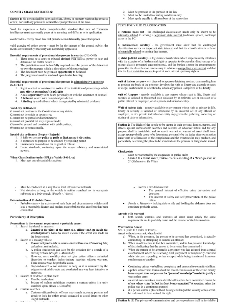 Consti 2 Cram Reviewer | PDF | Search And Seizure | Search Warrant