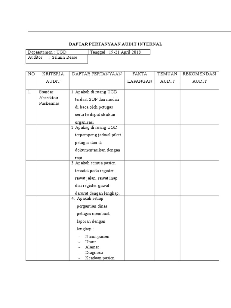 Pertanyaan Audit Internal UGD Puskesmas | PDF