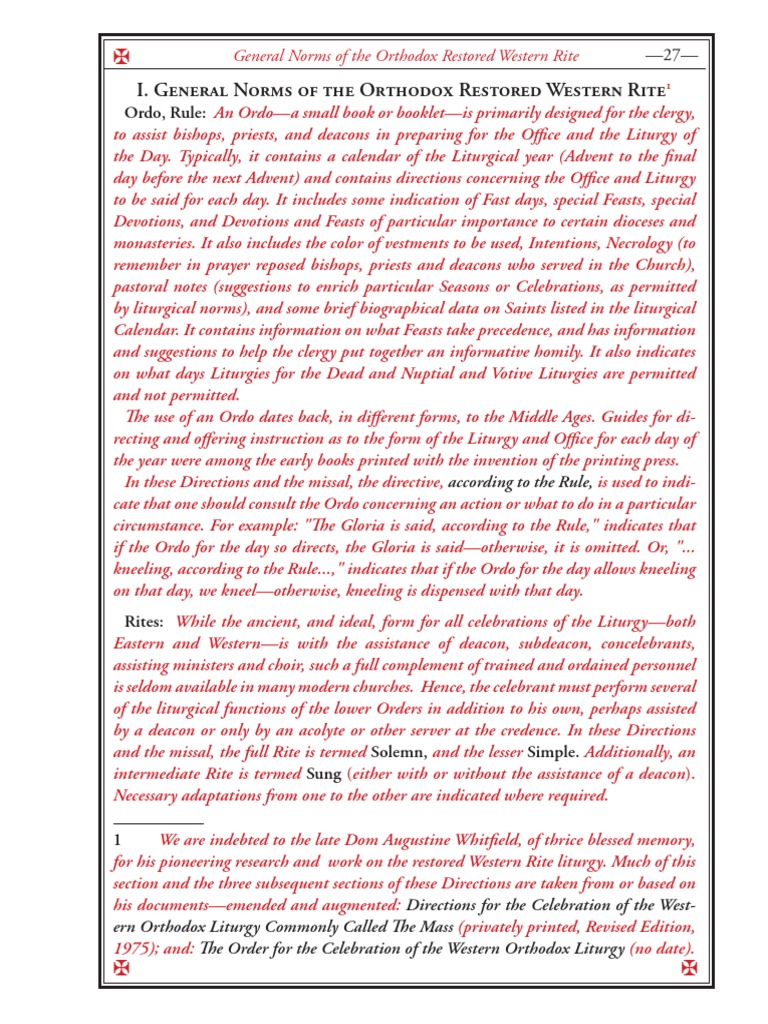I. General Norms of The Orthodox Restored Western Rite: Ordo, Rule ...