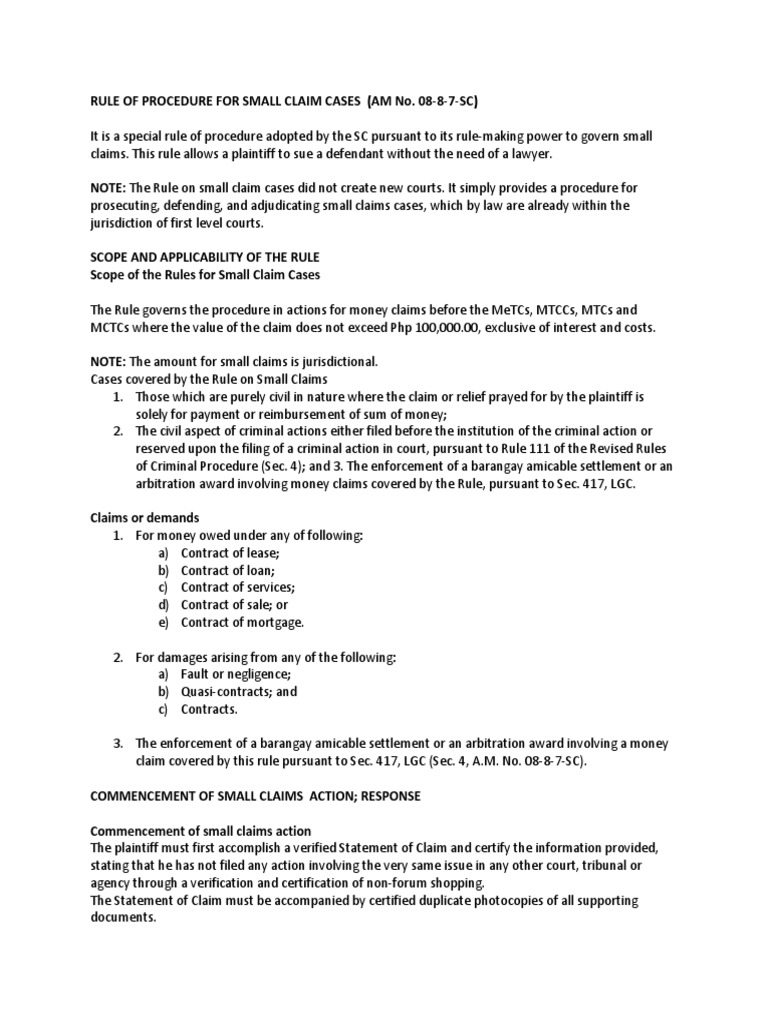Rule of Procedure For Small Claim Cases | PDF | Settlement (Litigation ...