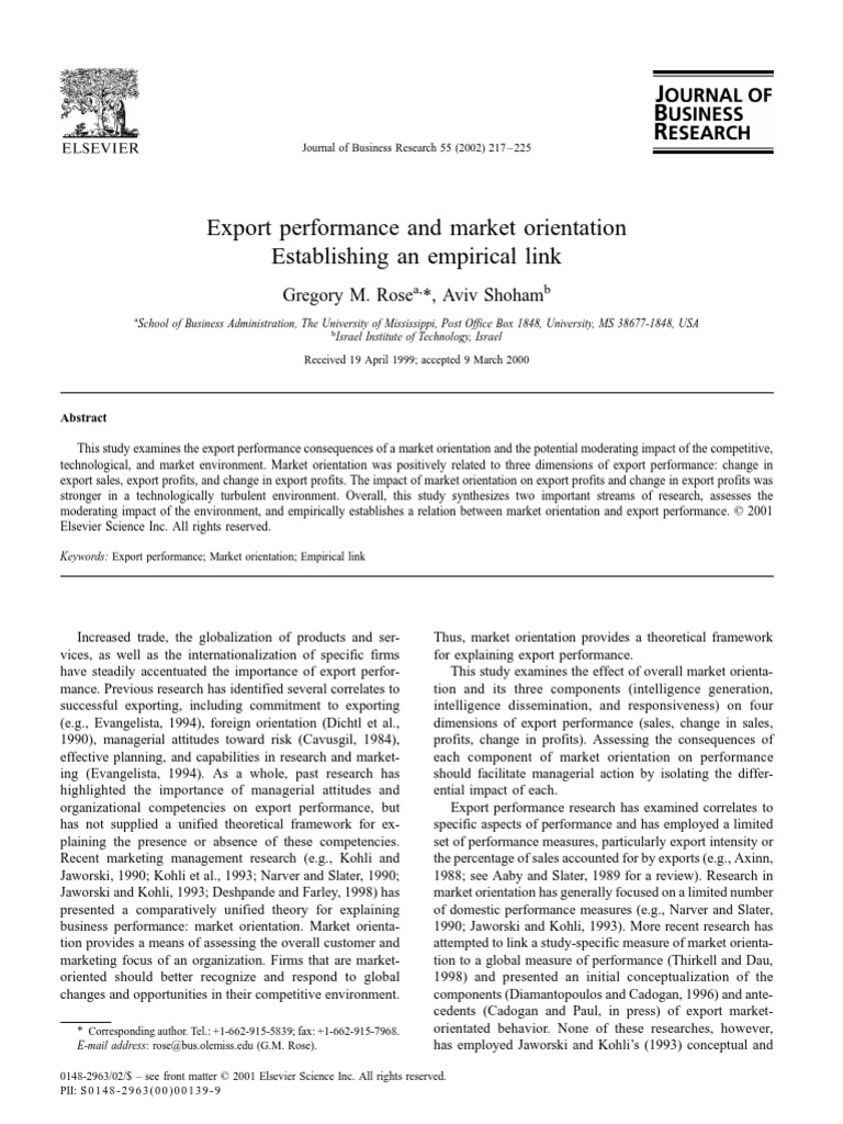 Export Performance and Market Orientation Establishing An Empirical ...