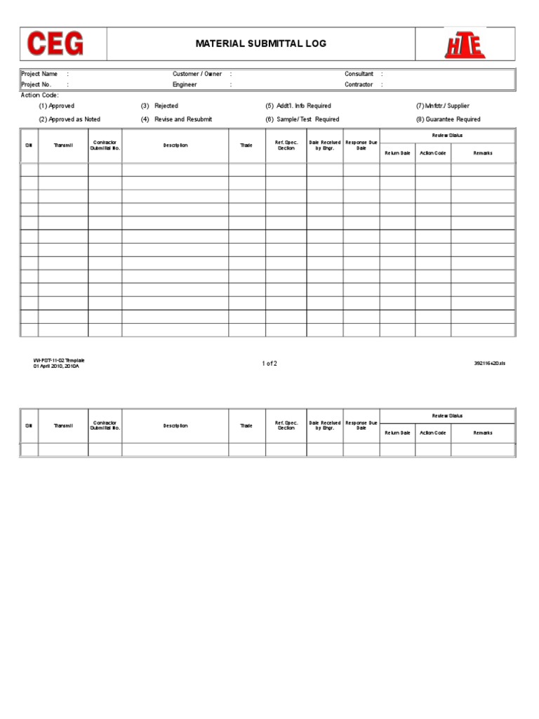 Material Submittal Log: Action Code | PDF