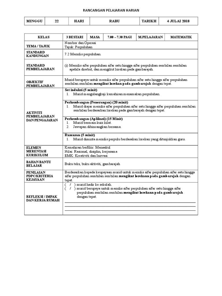 Contoh RPH Matematik Ringkas Tahun 3 | PDF