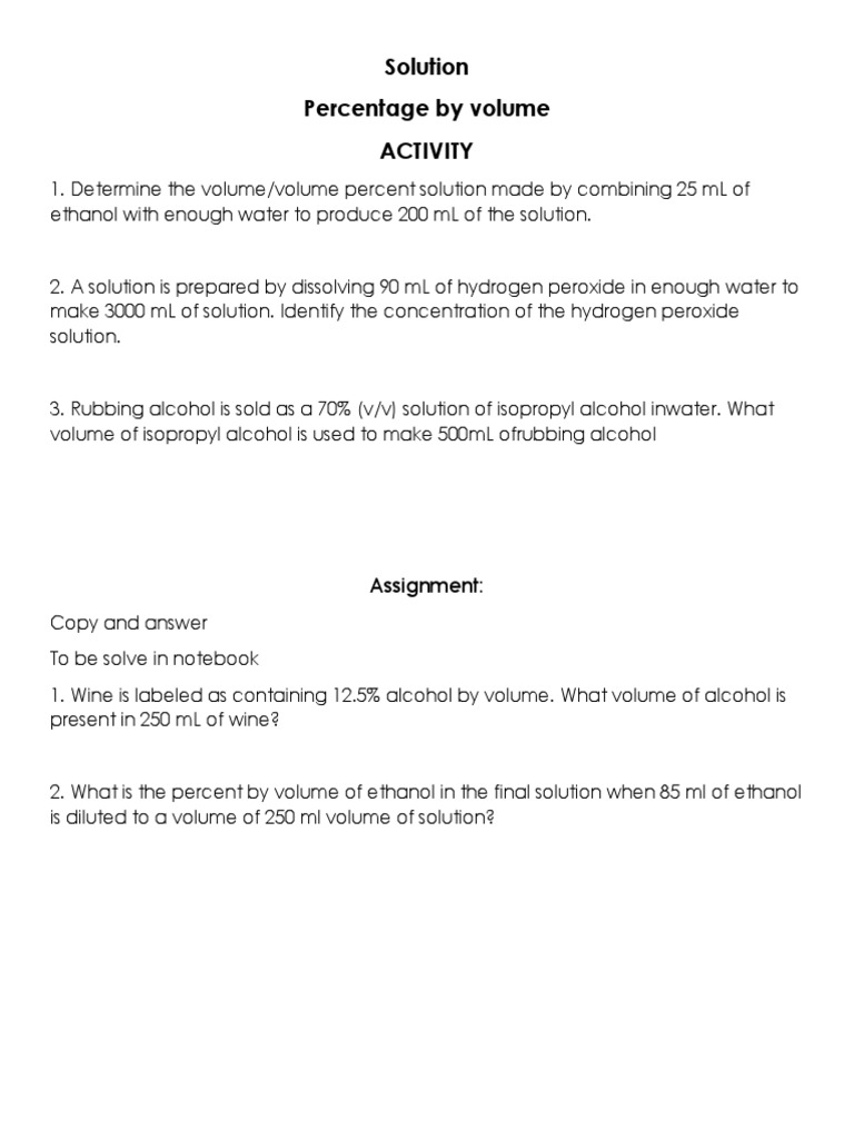 Solution Percentage by Volume Activity: Assignment | PDF