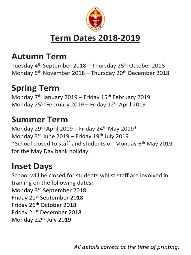 Term Dates 2018-2019 Autumn Term | PDF