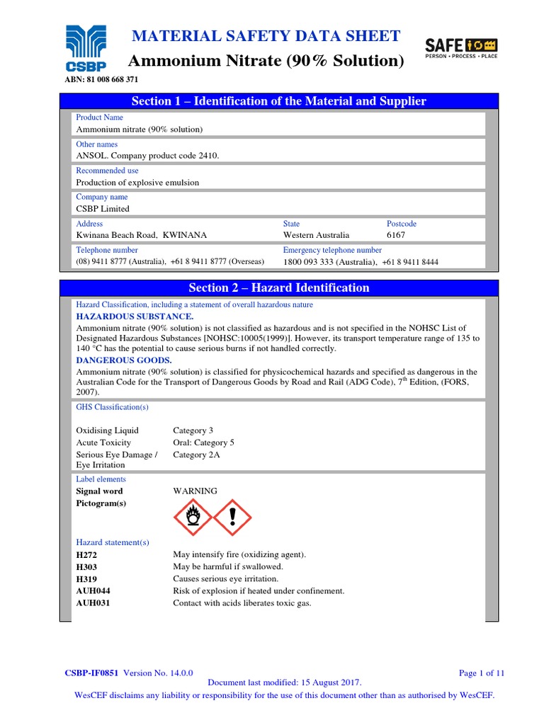 Msds Ammonium Nitrate (90 Solution) | PDF | Dangerous Goods | Chlorine