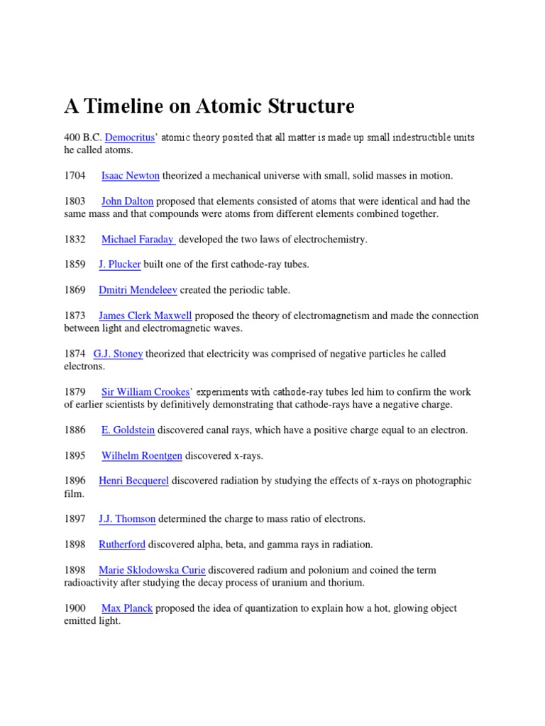Timeline of Atomic Structure Discoveries | PDF | Atoms | Radioactive Decay