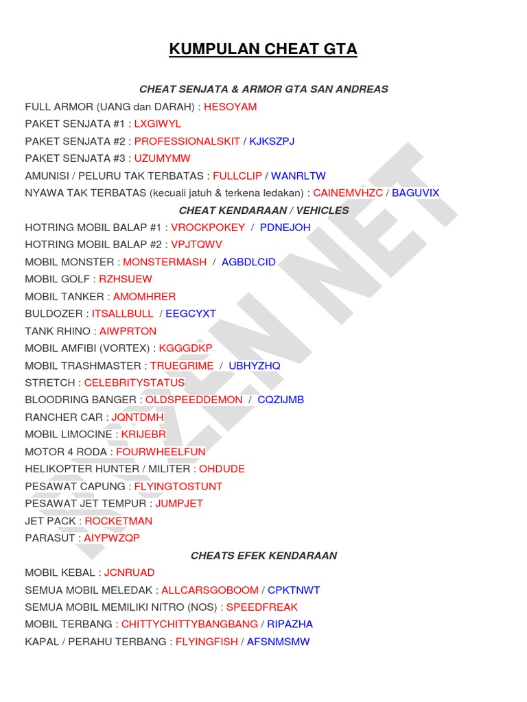 Kumpulan Cheat Gta | PDF