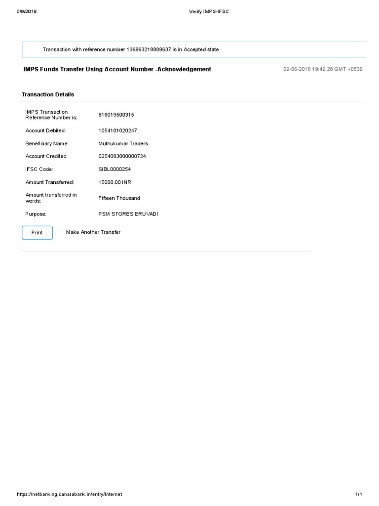 IMPS Funds Transfer Using Account Number - Acknowledgement: Transaction ...