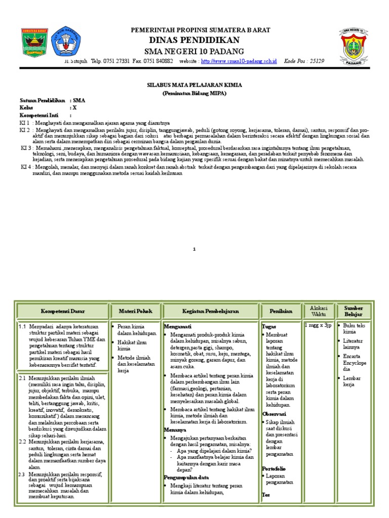 Silabus Kimia Kelas 10 SMA | PDF