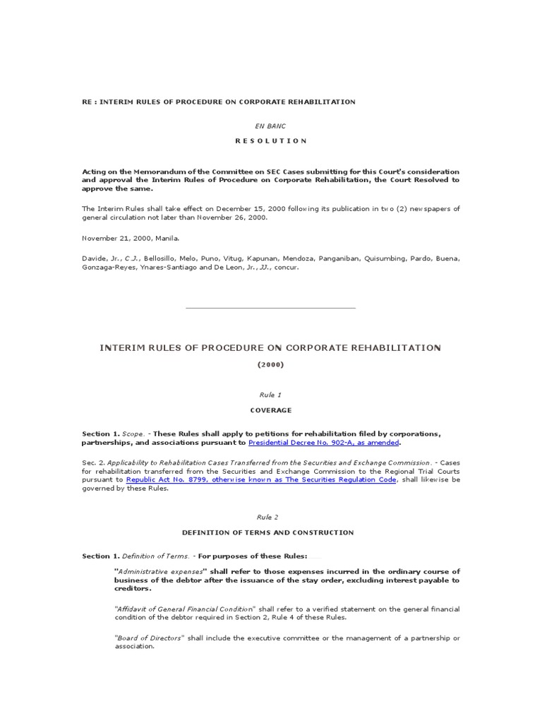 Interim Rules of Procedure On Corporate Rehabilitation: en Banc | PDF ...