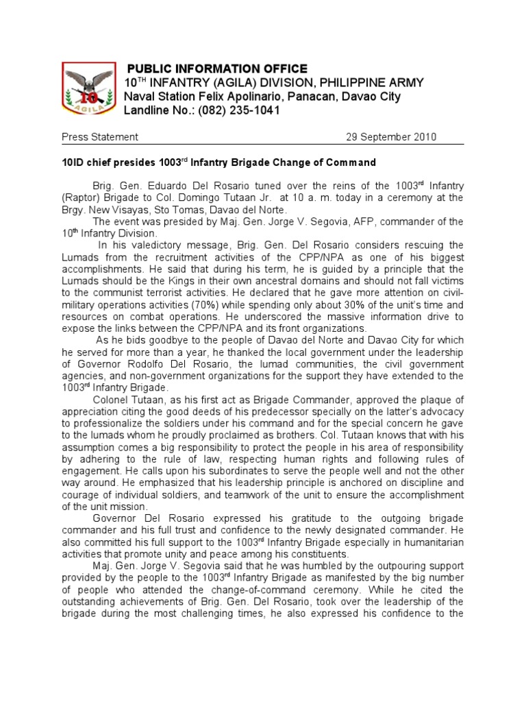 10ID Chief Presides 1003rd Infantry Brigade Change of Command | PDF ...