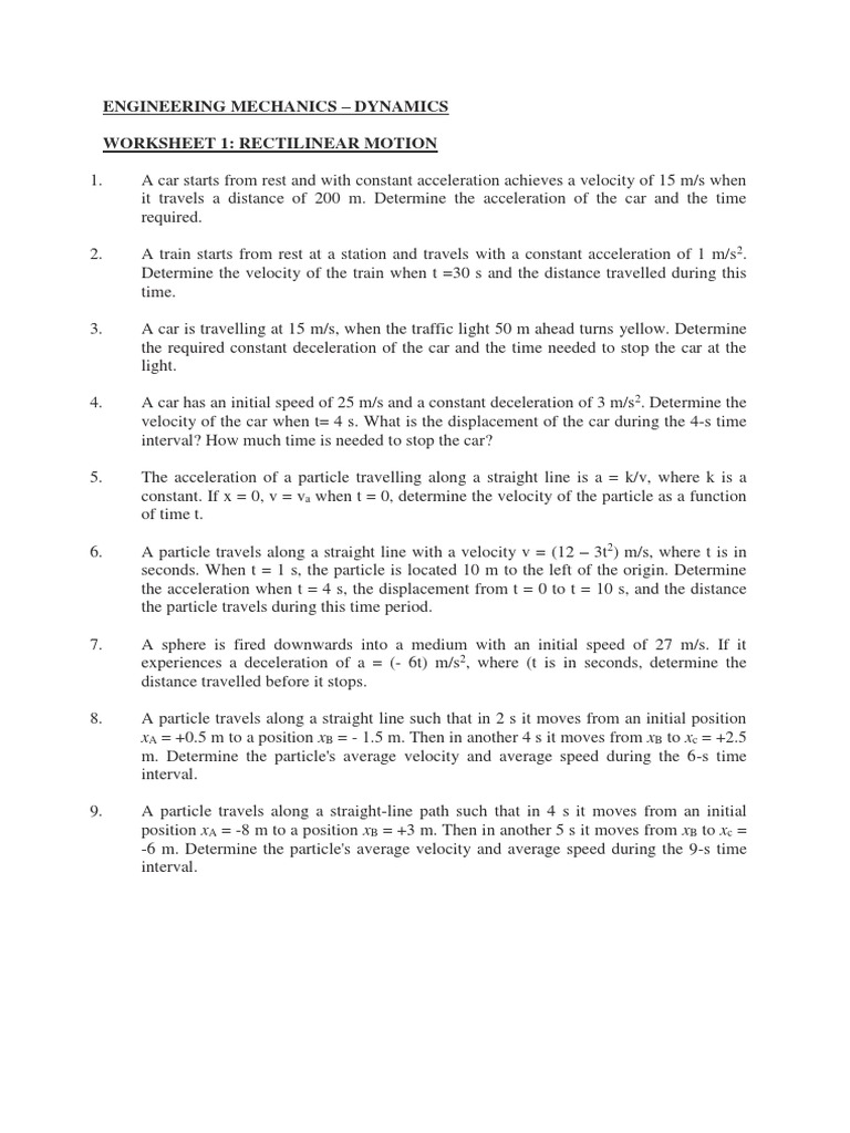 Engineering Mechanics - Dynamics Worksheet 1: Rectilinear Motion | PDF