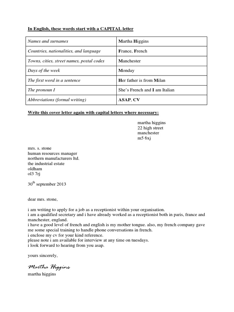 Capital Letters in Correspondence