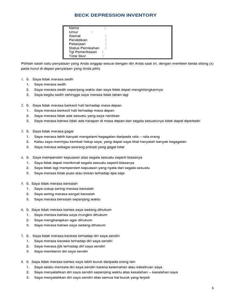 Beck Depression Inventory | PDF