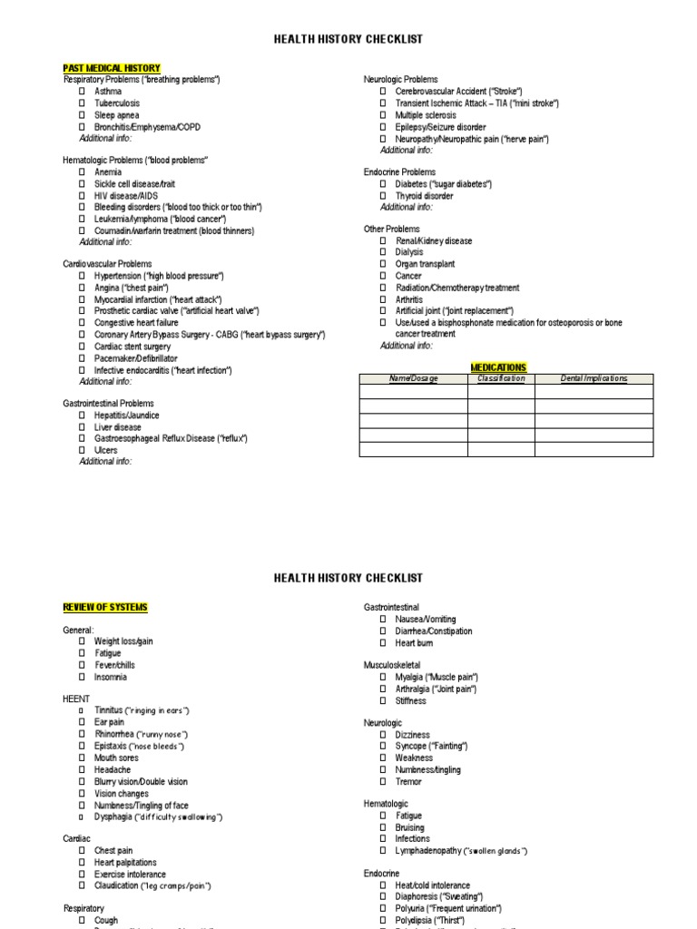 Medical History Checklist | PDF | Myocardial Infarction | Heart