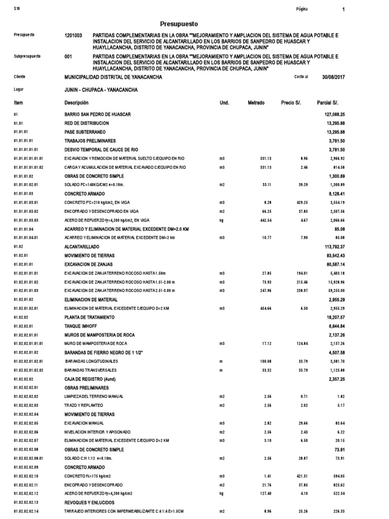 Presupuesto Obras Complementarias | PDF