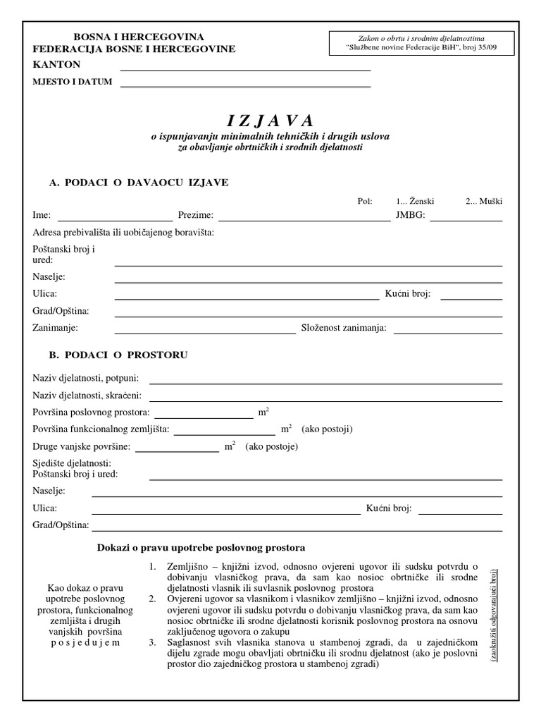 008 - Izjava o Ispunjavanju Minimalnih Uvjeta - Obrt | PDF