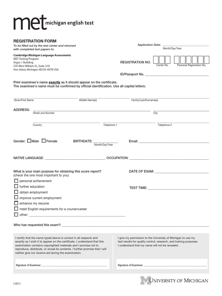 Formulario MET (Michigan English Test) | PDF | Identity Document | Test ...