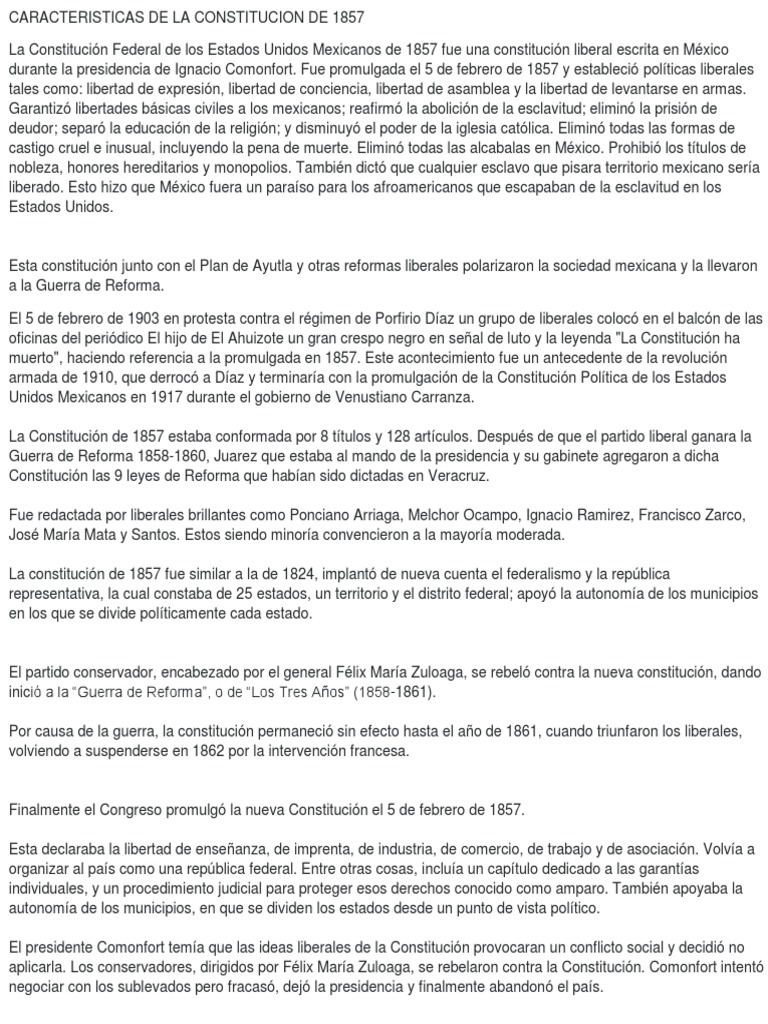 Caracteristicas de La Constitucion de 1857 | Ciencias Políticas | Política