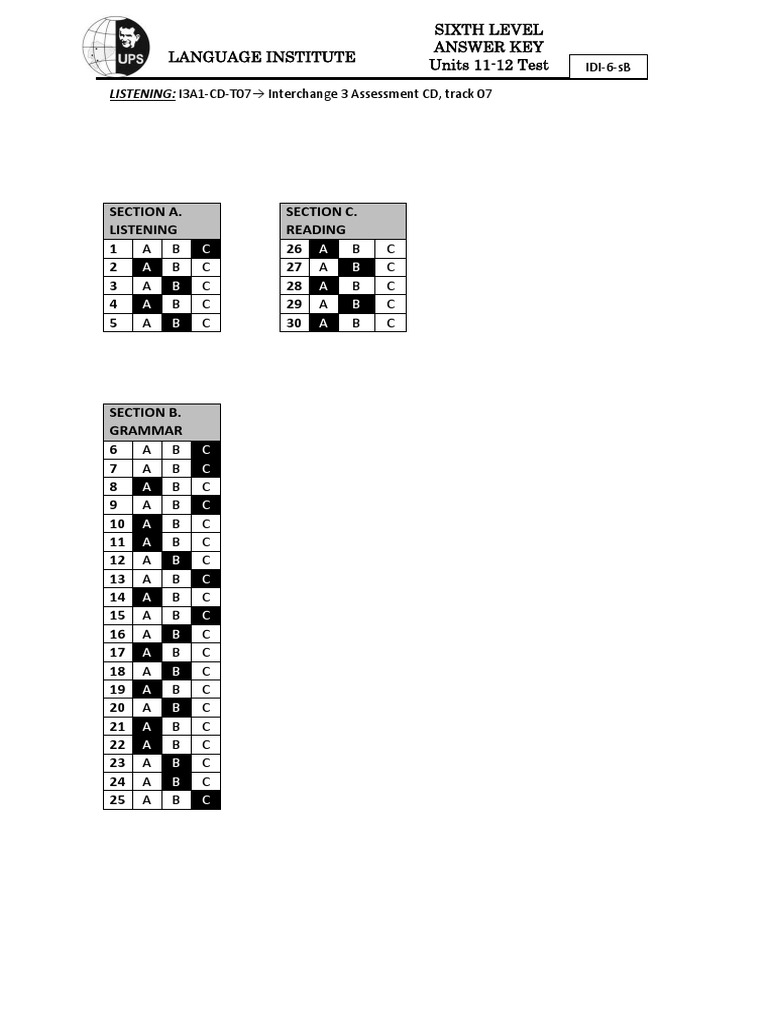 Sixth Level Test Answer Key | PDF