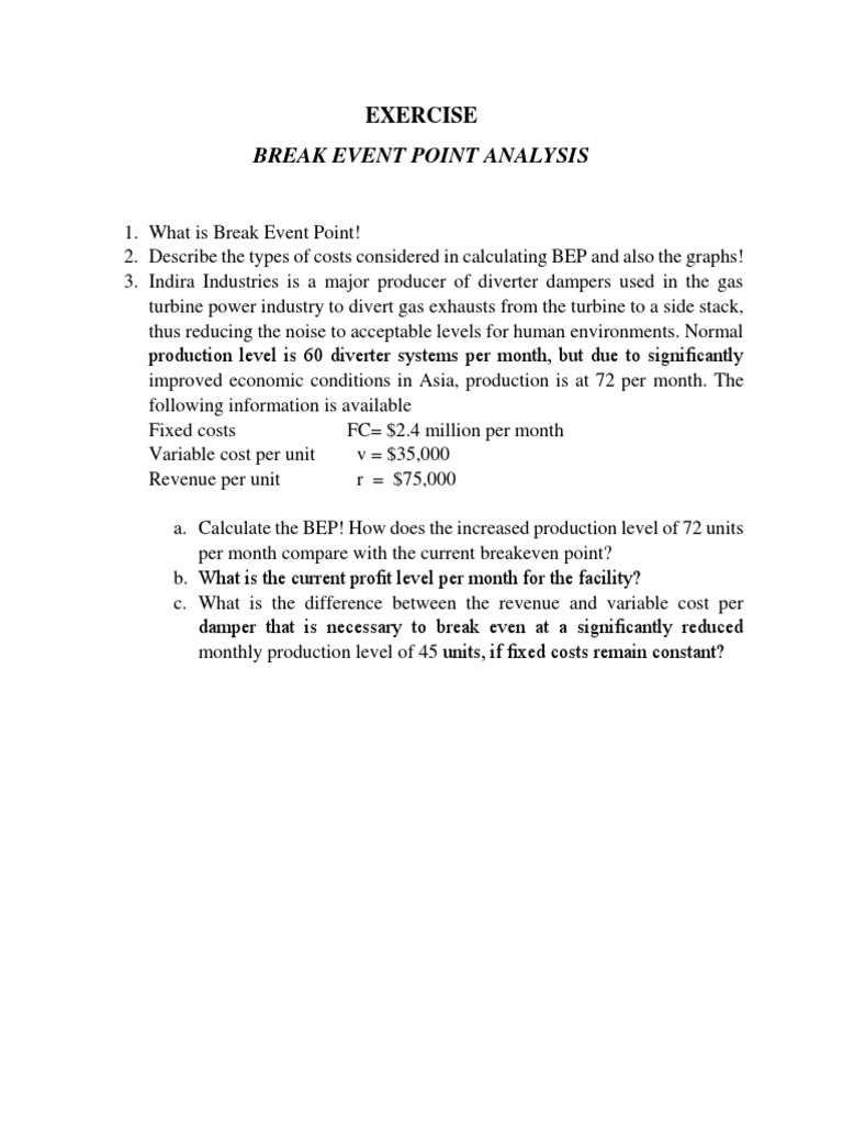 Break Event Point Analysis: Exercise | PDF | Economies | Business