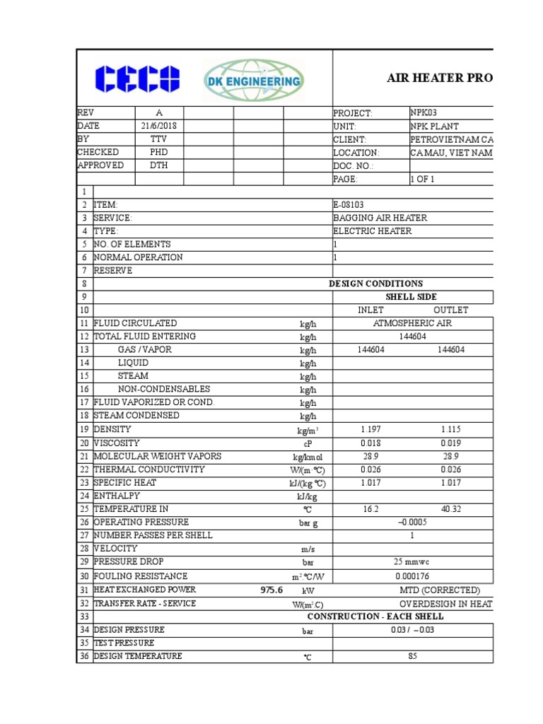 Air Heater Process Data Sheet: Design Conditions Shell Side | PDF ...