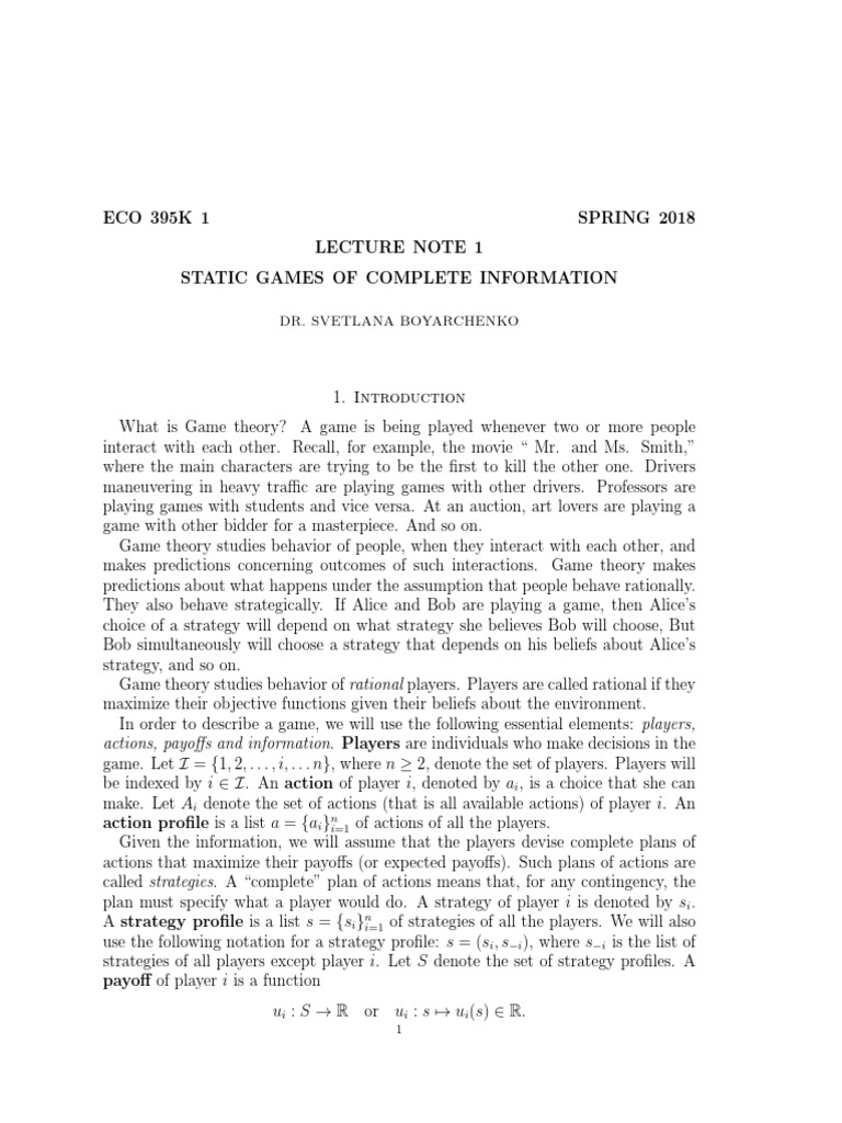 Game Theory Lecture Notes UT Austin | PDF | Economics Of Uncertainty ...