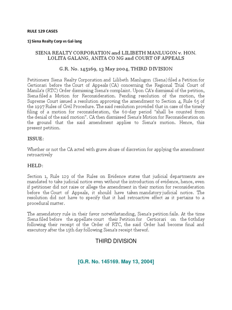 Rule 129 Cases Evidence (Sec1-3) | PDF | Complaint | Certiorari