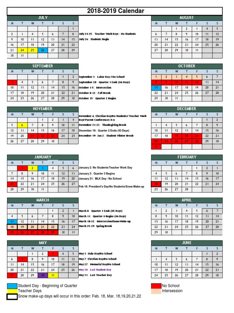 2018 19 Calendar | PDF | Academia | Students