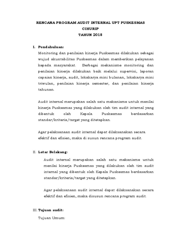 Contoh Rencana Program Audit Internal Puskesmas Tahunan Cihurip | PDF