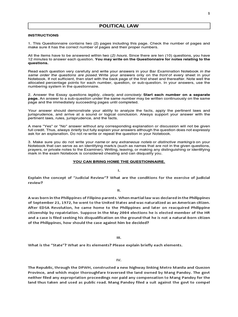 Political Law Sample Bar Exams | PDF | International Law | U.S. State