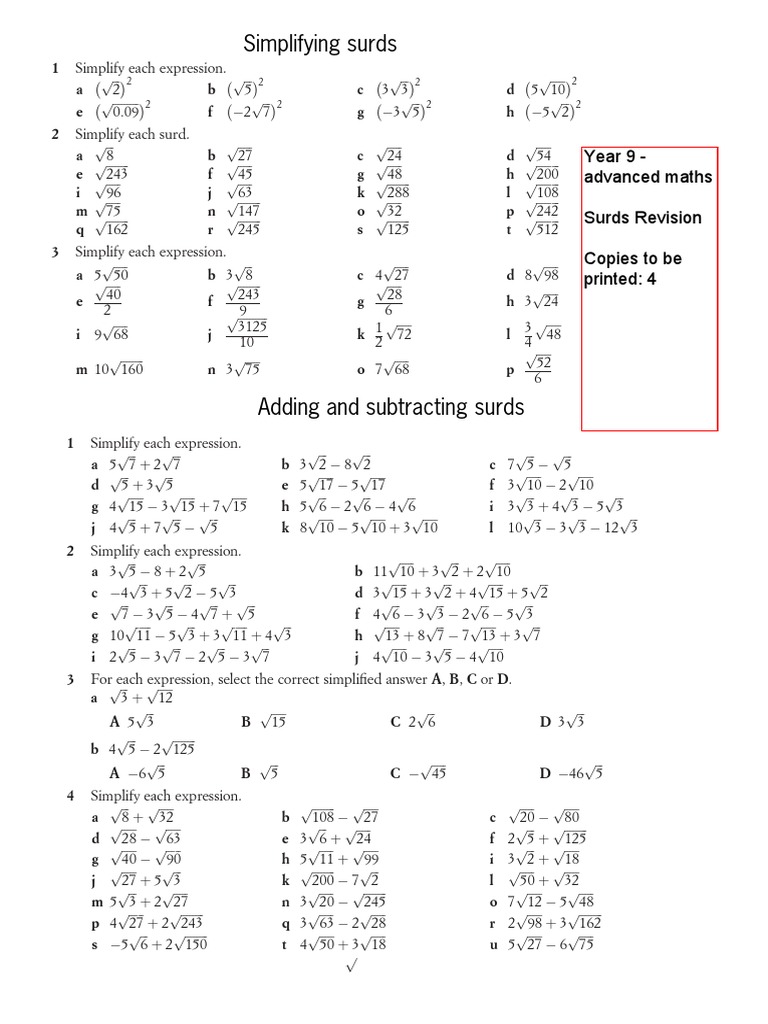 Grade 9 Surds Simplification Worksheet | PDF