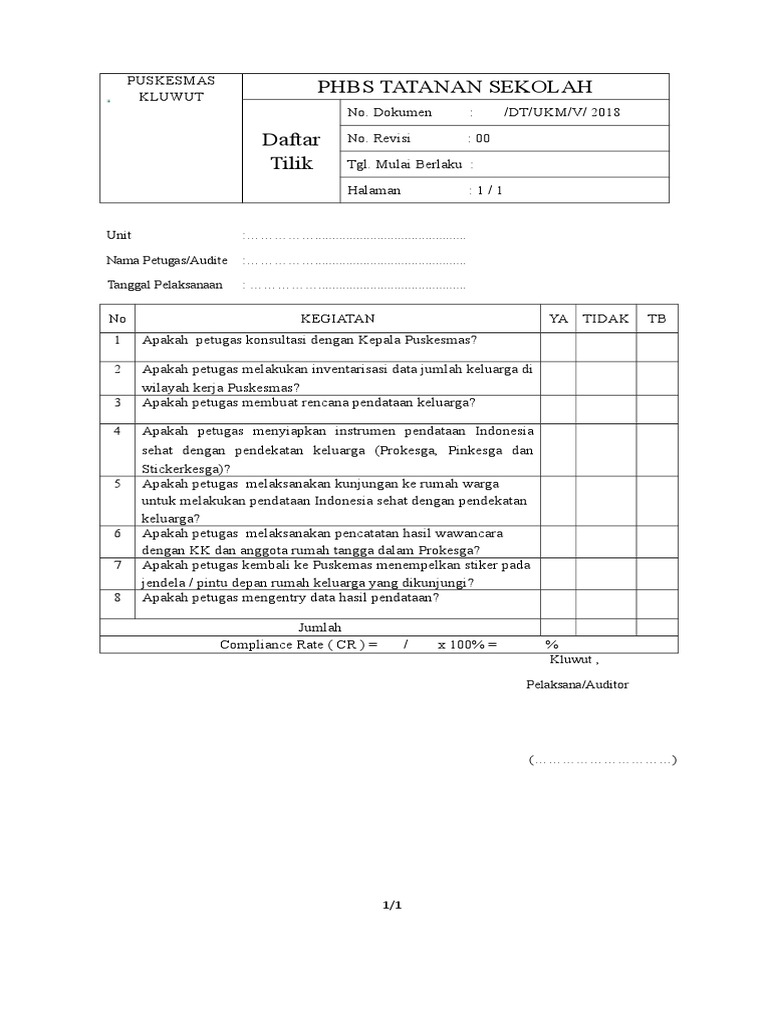 Daftar Tilik Pis PK Fix | PDF