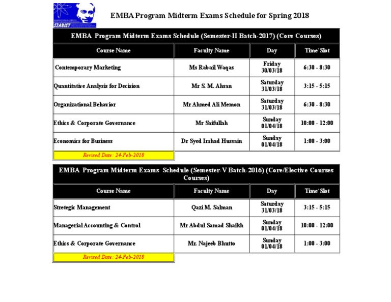 EMBA Program Midterm Exams Schedule Spring 2018 | PDF