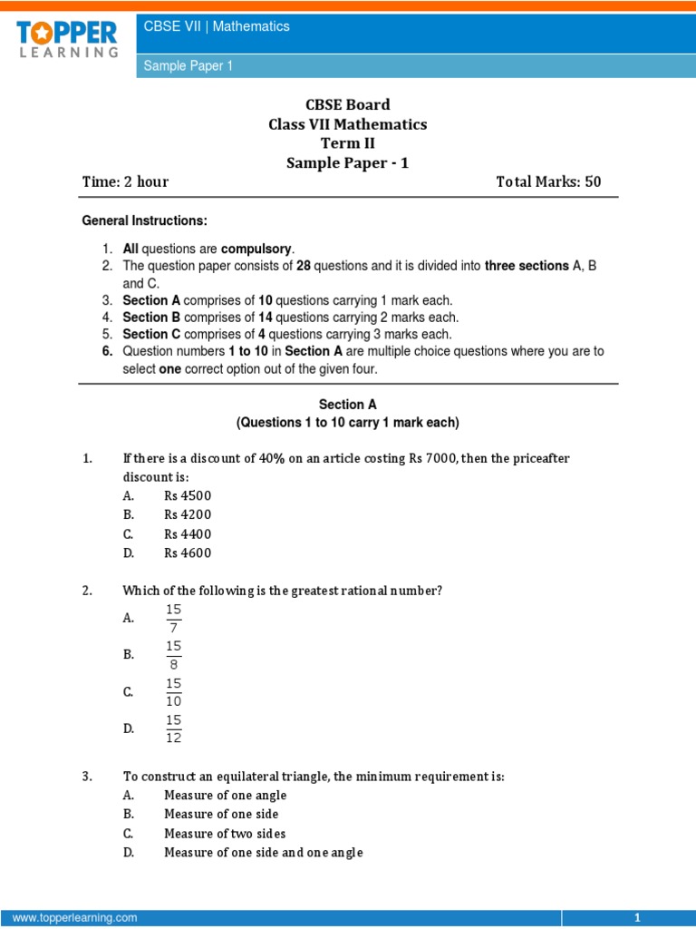 Class 7 Maths Sa2 Question Paper | PDF | Teaching Mathematics | Geometry