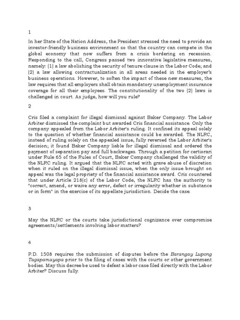 Labor Law - Questions | PDF | Appeal | Employment