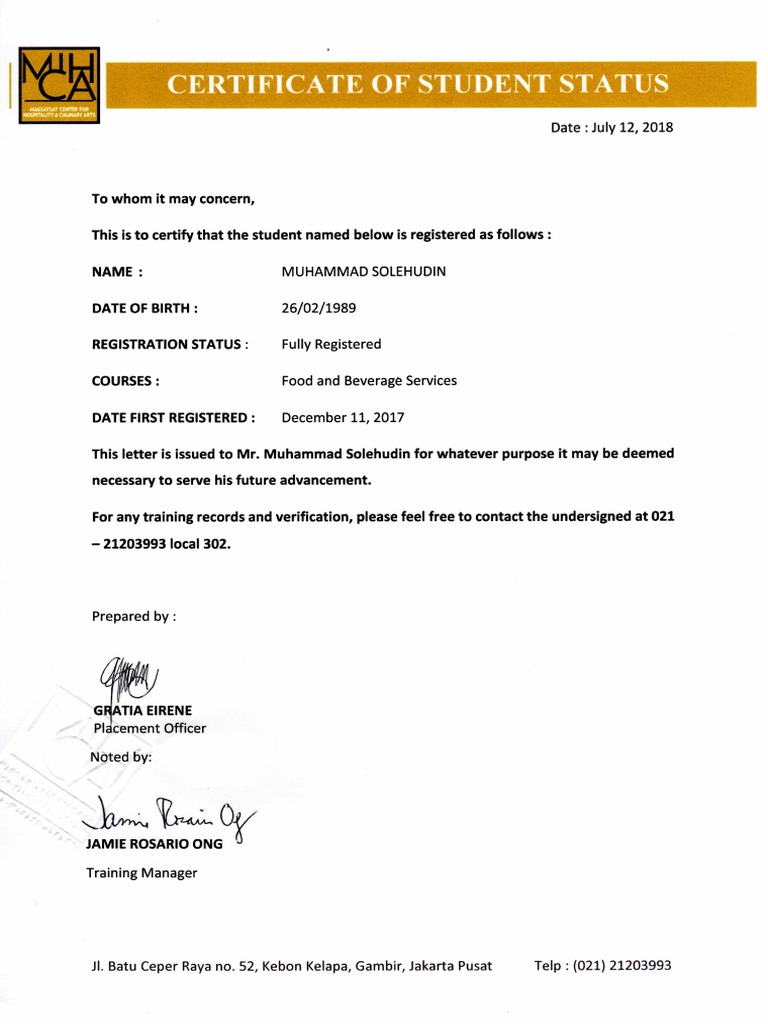 Certificate of Student Status (Muhammad Solehudin) | PDF