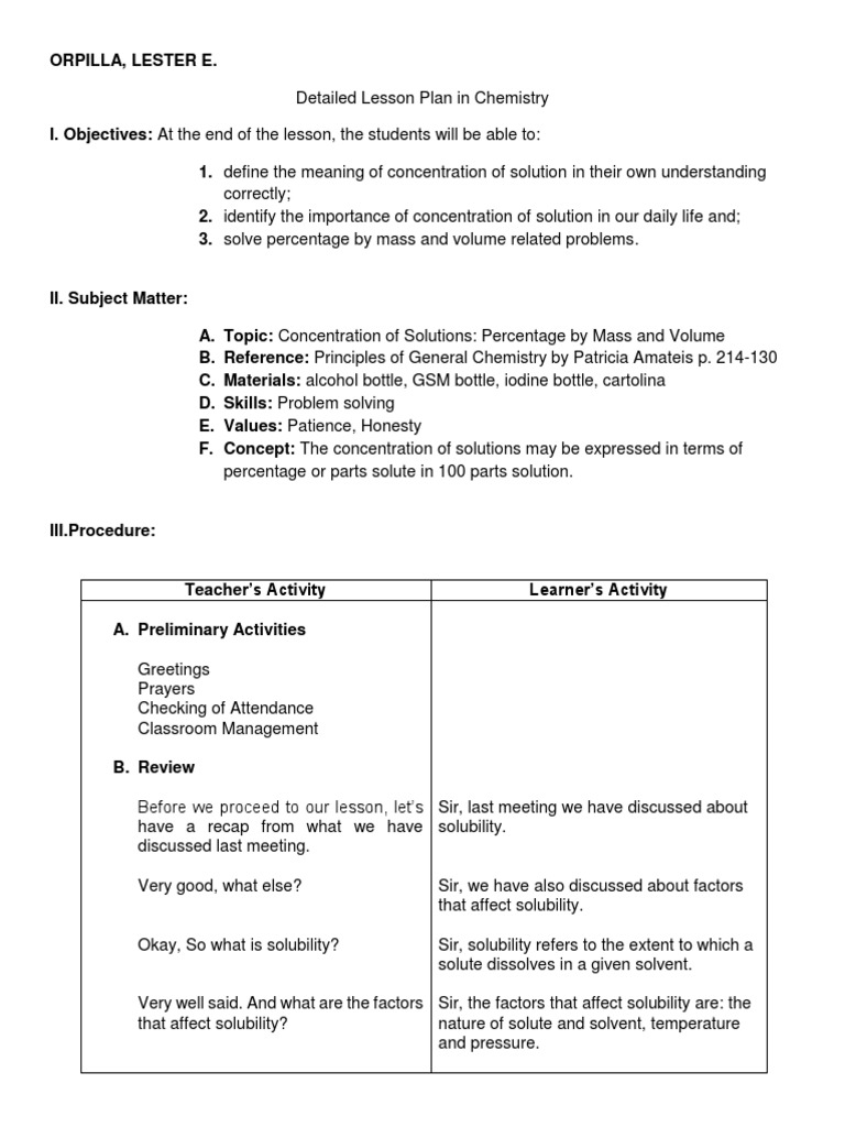 Detailed Chemistry Lesson Plan: Solutions | PDF | Solution | Solubility