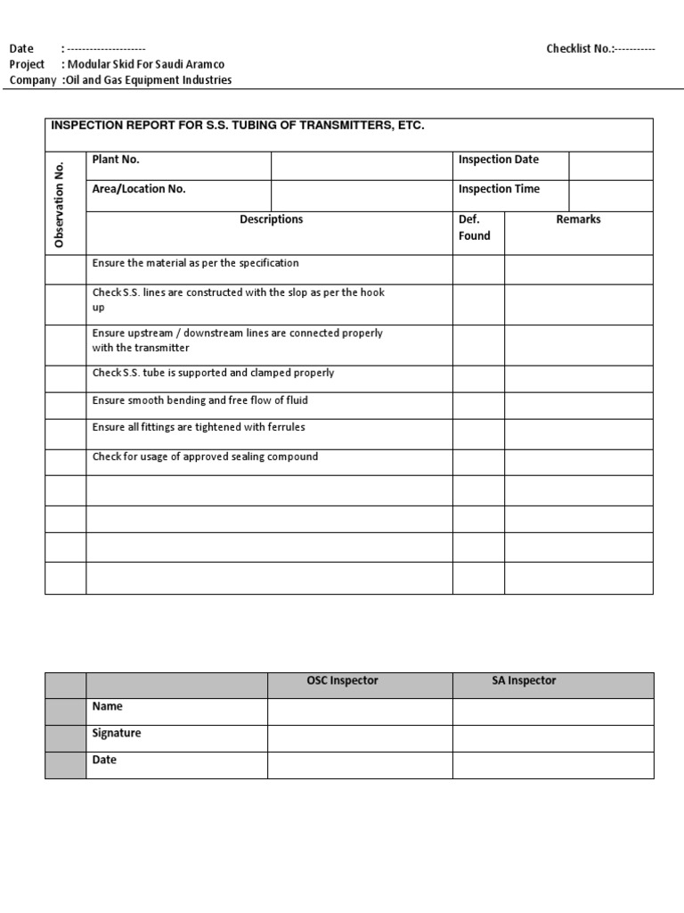 Inspection Report For S.S. Tubing of Transmitters, Etc. | PDF ...